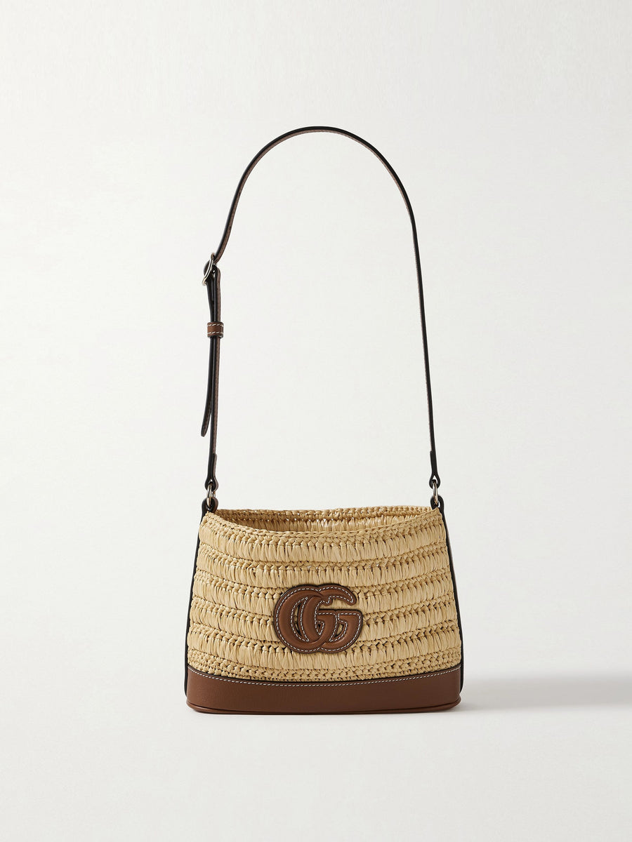 Mini appliquéd leather-trimmed raffia shoulder bag – Collagerie