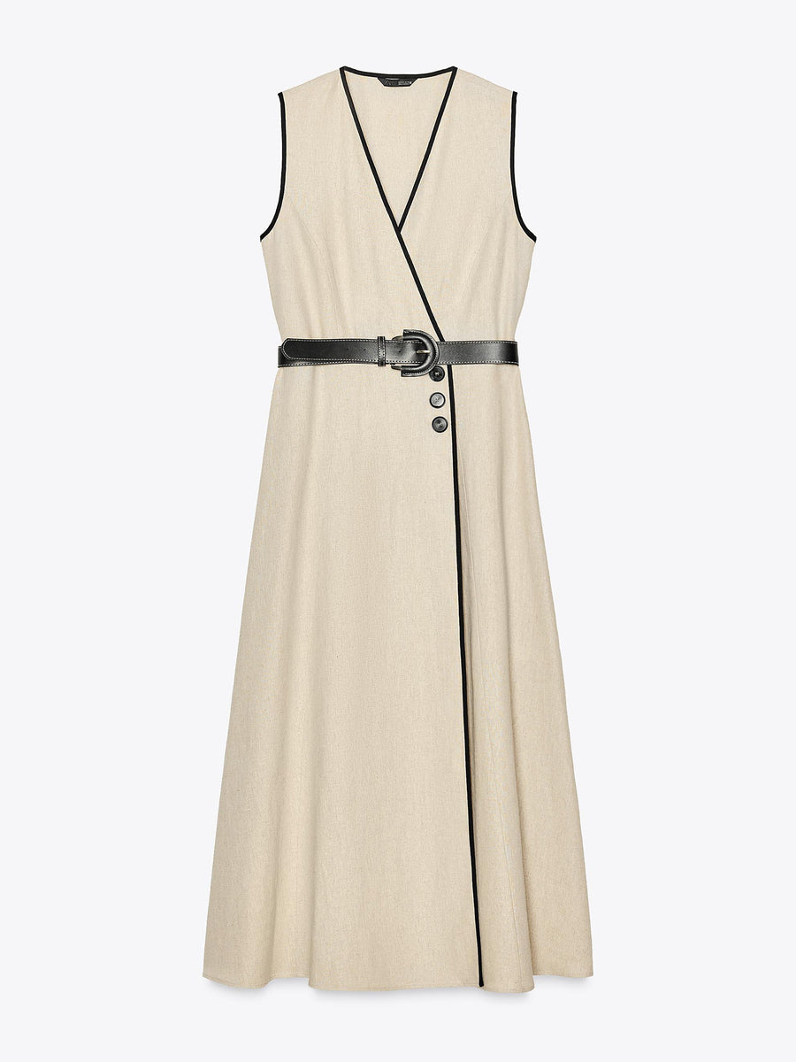 Belted linen blend midi dress – Collagerie